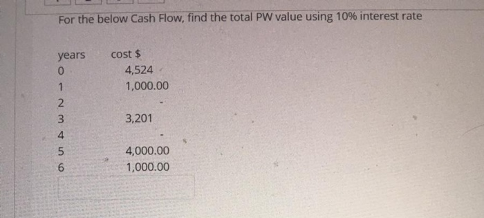 Solved For the below Cash Flow, find the total PW value | Chegg.com