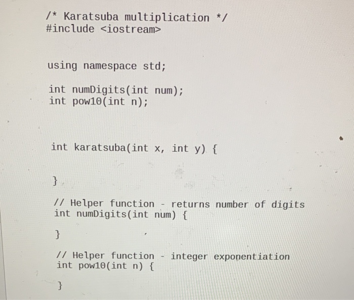 Solved 1. (60 pts) Write code to implement the Karatsuba | Chegg.com
