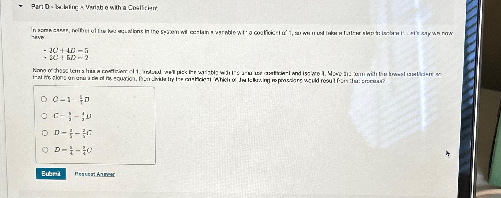 Solved Part D - ﻿Isolating a Variable with a CoefficientIn | Chegg.com