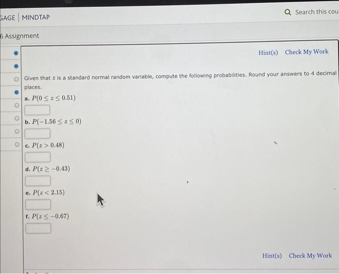 Solved Given that z is a standard normal random variable, | Chegg.com