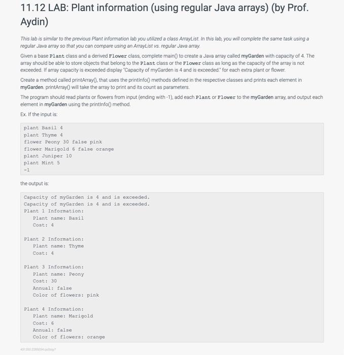 Solved 11.12 LAB: Plant information (using regular Java | Chegg.com Solved 11.12 LAB: Plant information (using regular Java | Chegg.com