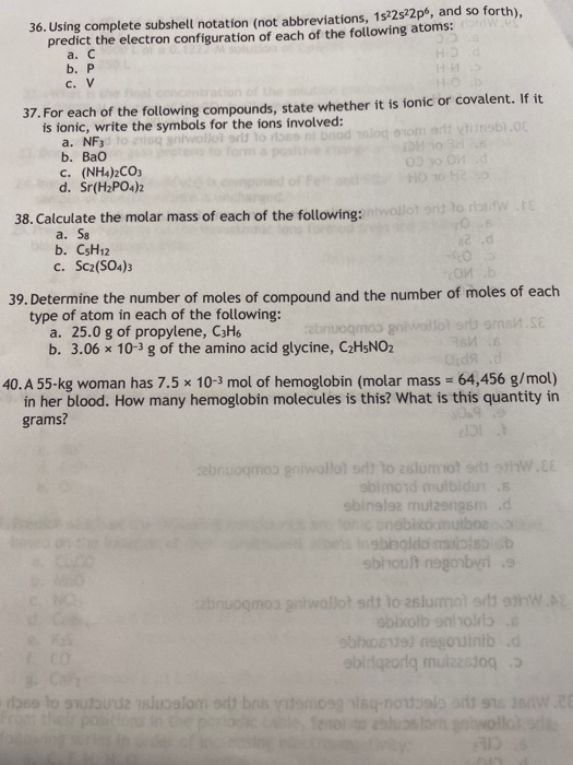 Solved 36. Using complete subshell notation (not | Chegg.com