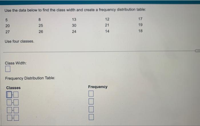 Solved Use the data below to find the class width and create | Chegg.com