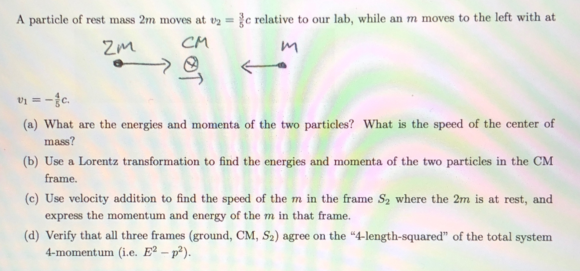 Solved A particle of rest mass 2m ﻿moves at v2=35c ﻿relative | Chegg.com