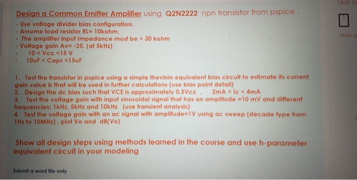 Design a Common Emitter Amplifier using Q2N2222 npn | Chegg.com