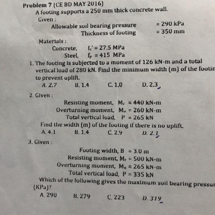 Concrete, fc′=27.5MPa Steel, fy=415MPa 1. The footing | Chegg.com
