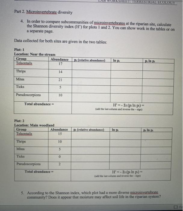 Solved SHEETSTERRESTRIAL ECOLOGY Part 2. Microinvertebrate | Chegg.com