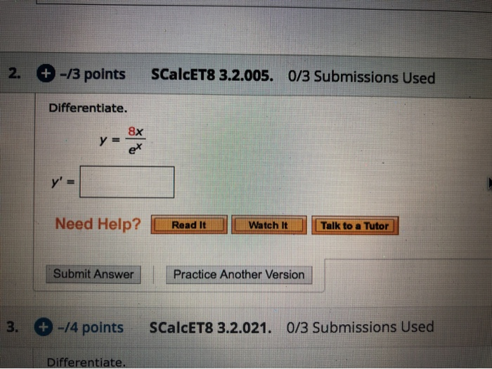 Solved 2. + -/3 points SCalcET8 3.2.005. 0/3 Submissions | Chegg.com