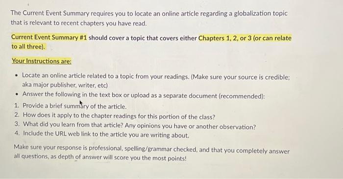 The Current Event Summary requires you to locate an | Chegg.com