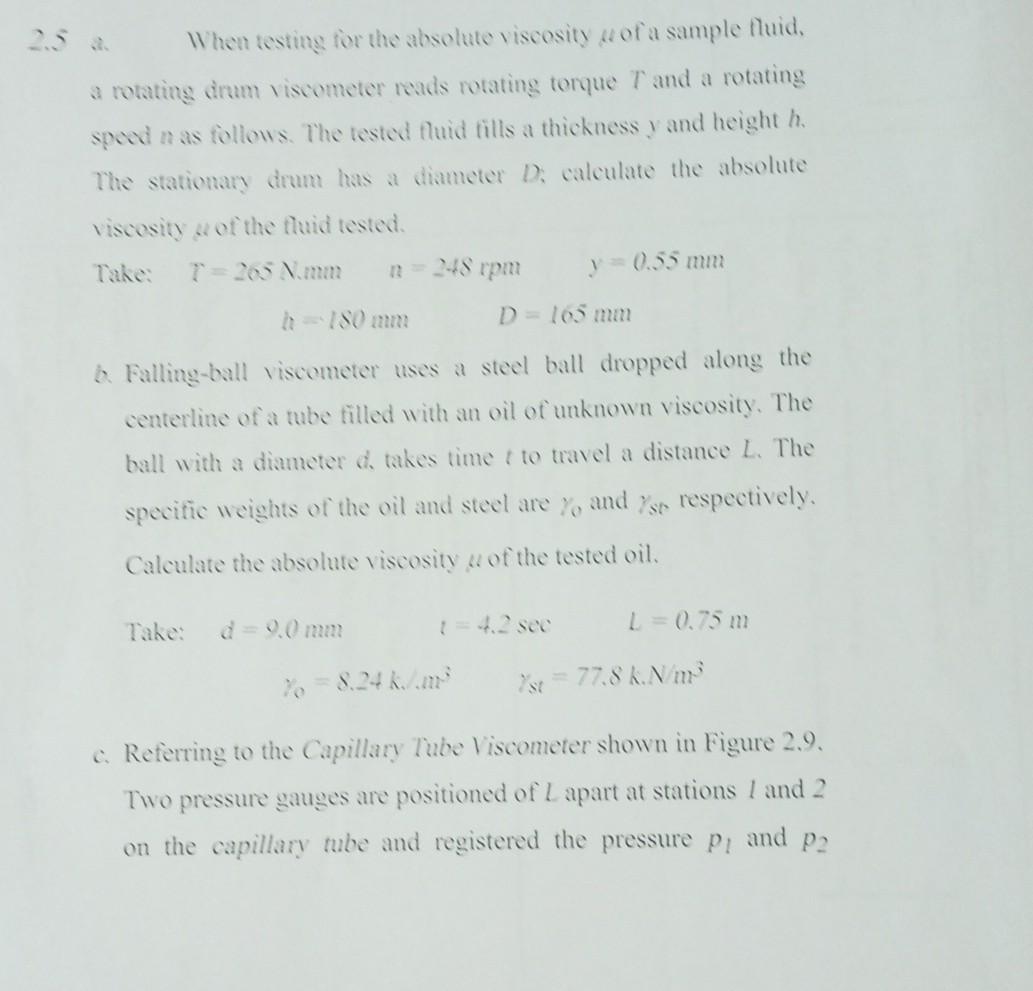a. When testing for the absolute viscosity w of a | Chegg.com