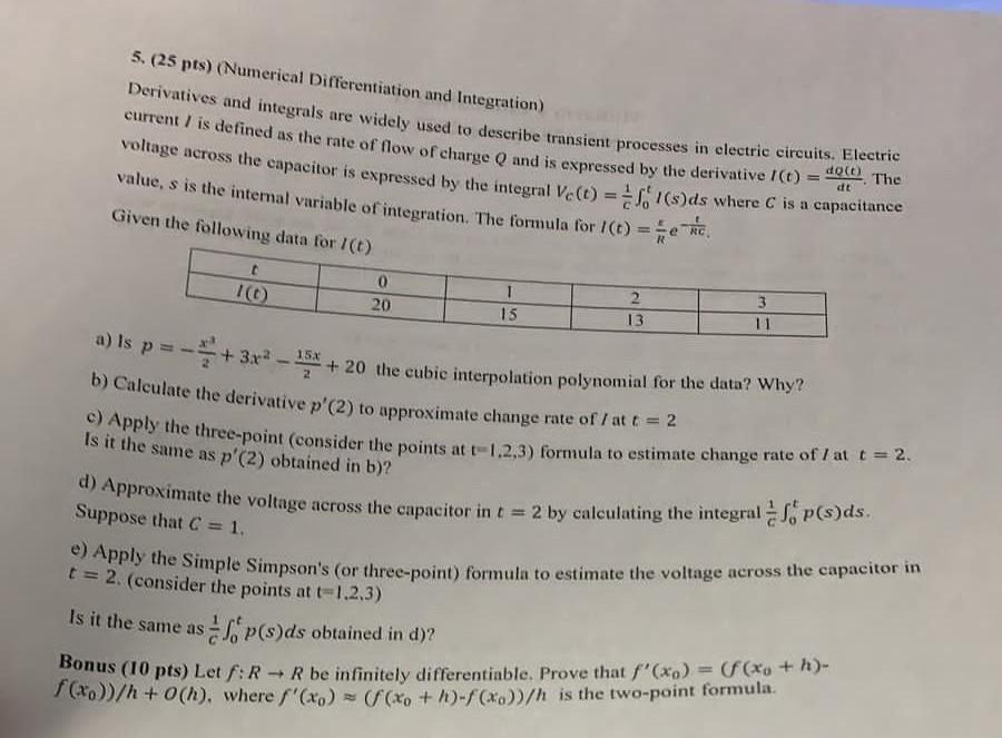 Solved 5. (25 pts) (Numerical Differentiation and | Chegg.com