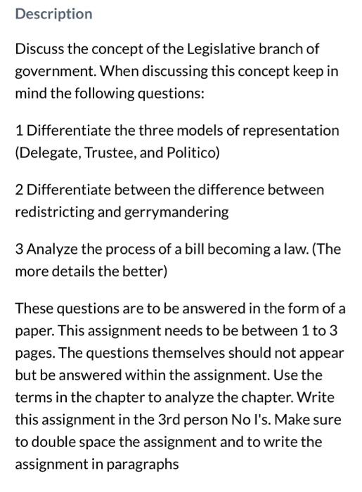 Description Discuss the concept of the Legislative | Chegg.com