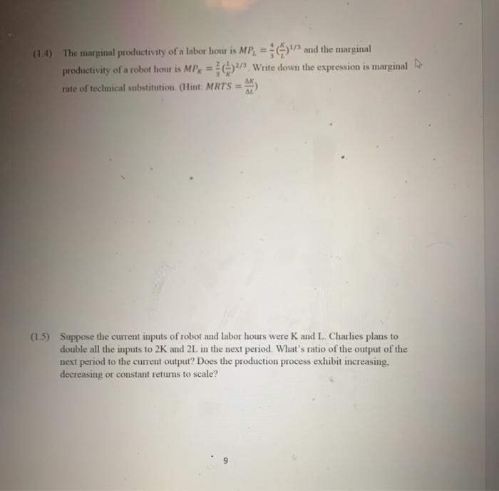 Solved The production function for Charlie's Chocolate | Chegg.com