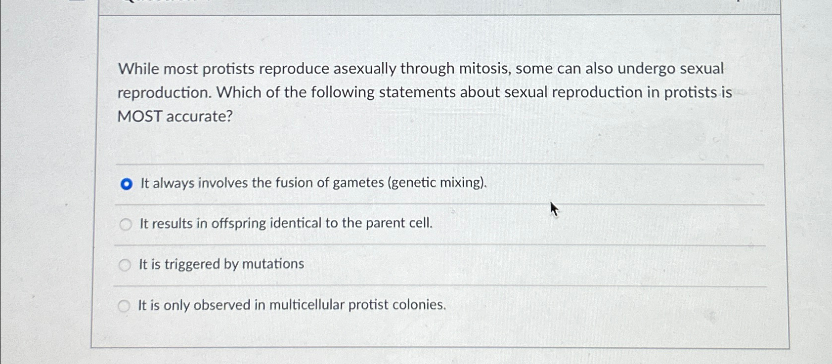 Solved While most protists reproduce asexually through | Chegg.com