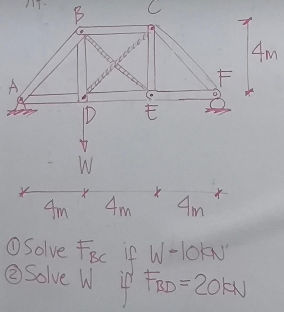 (1) ﻿Solve FBC ﻿if W-lolan(2) ﻿Solve W ﻿if FBD=20kN | Chegg.com