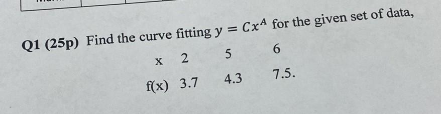 Solved Q1 (25p) Find the curve fitting y=CxA for the given | Chegg.com