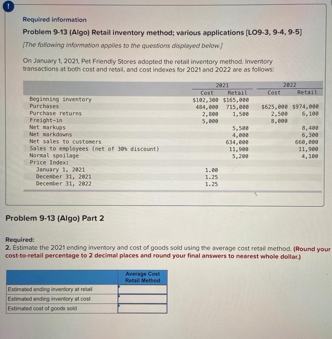 Solved Required information Problem 9-13 (Algo) Retail | Chegg.com