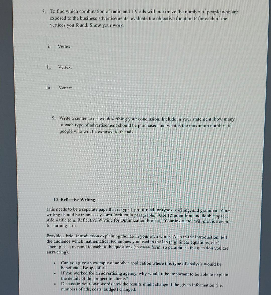 Solved Optimizing an Advertising Campaign Math 1010 Project | Chegg.com