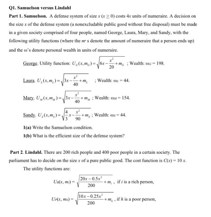 Solved Q1. Samuelson versus Lindahl Part 1. Samuelson. A | Chegg.com