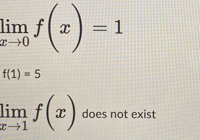 Solved limx→0f(x)=1f(1)=5limx→1f(x) does not exist | Chegg.com