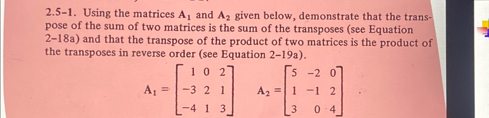 Solved 2.5-1. Using the matrices A_(1) and A_(2) given | Chegg.com