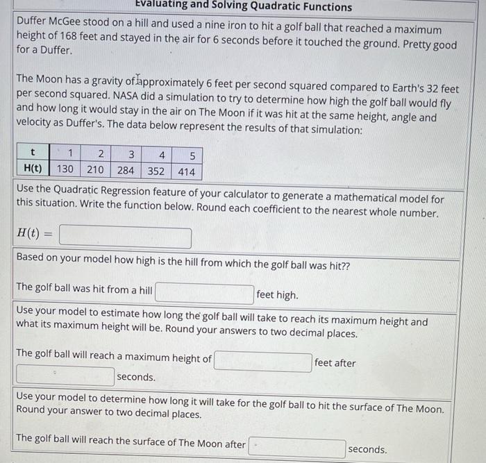 Solved Evaluating and Solving Quadratic Functions Duffer | Chegg.com