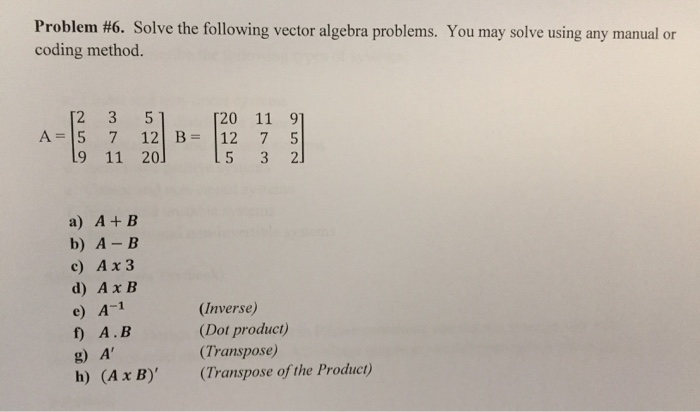 Solved Problem #6. Solve the following vector algebra | Chegg.com