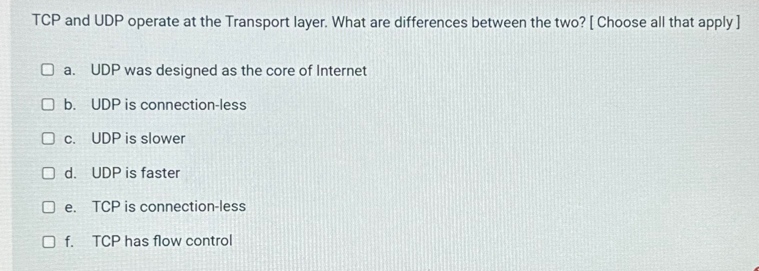 Solved TCP and UDP operate at the Transport layer. What are | Chegg.com