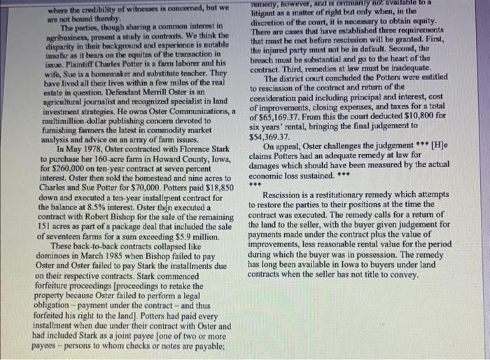 Solved Examine Potter v. Oster, 426 N.W. 2 d148 (Iowa 1988). | Chegg.com