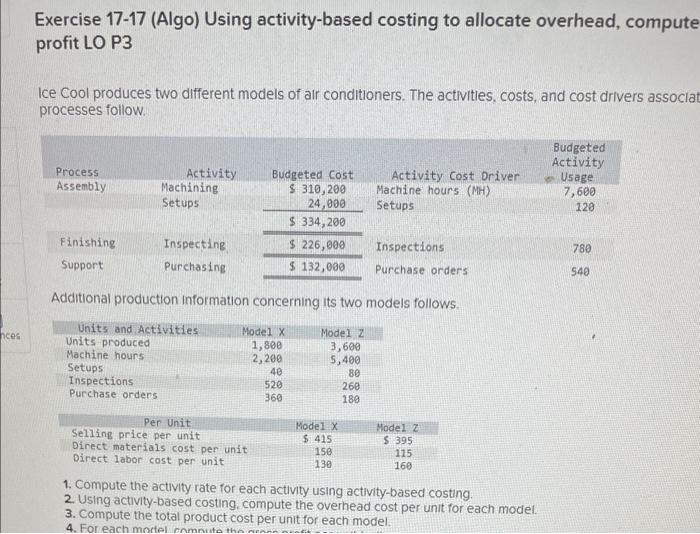 Solved Exercise 17-17 (Algo) Using activity-based costing to | Chegg.com Solved Exercise 17-17 (Algo) Using activity-based costing to | Chegg.com