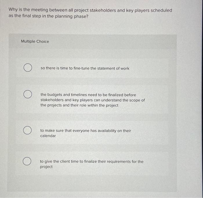 Solved Why is the meeting between all project stakeholders | Chegg.com