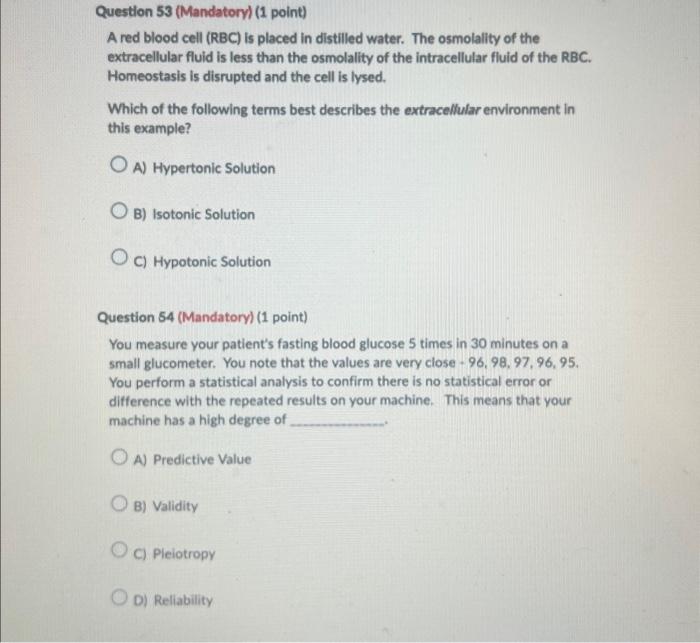 Solved Question 53 (Mandatory) (1 point) A red blood cell | Chegg.com