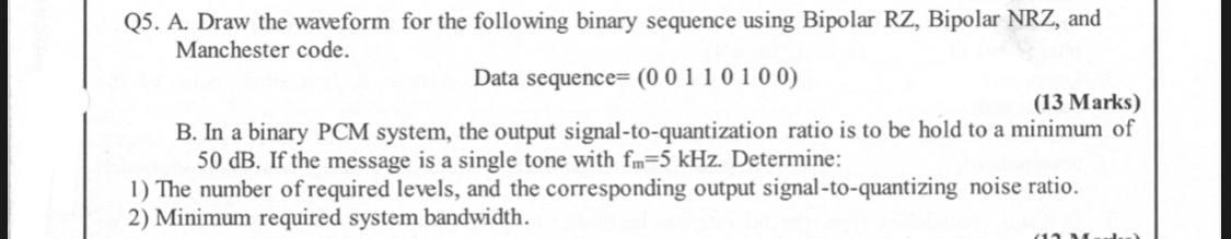Solved Q5. A. Draw the waveform for the following binary | Chegg.com