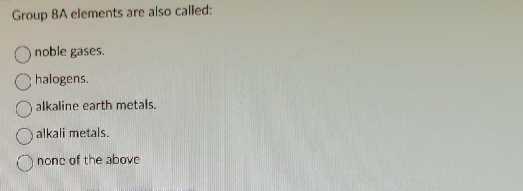 Solved Group 8A elements are also called: noble gases. | Chegg.com