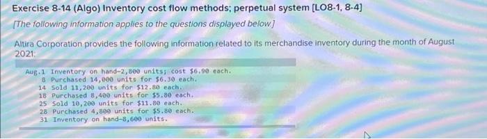Solved Exercise 8-14 (Algo) Inventory cost flow methods; | Chegg.com