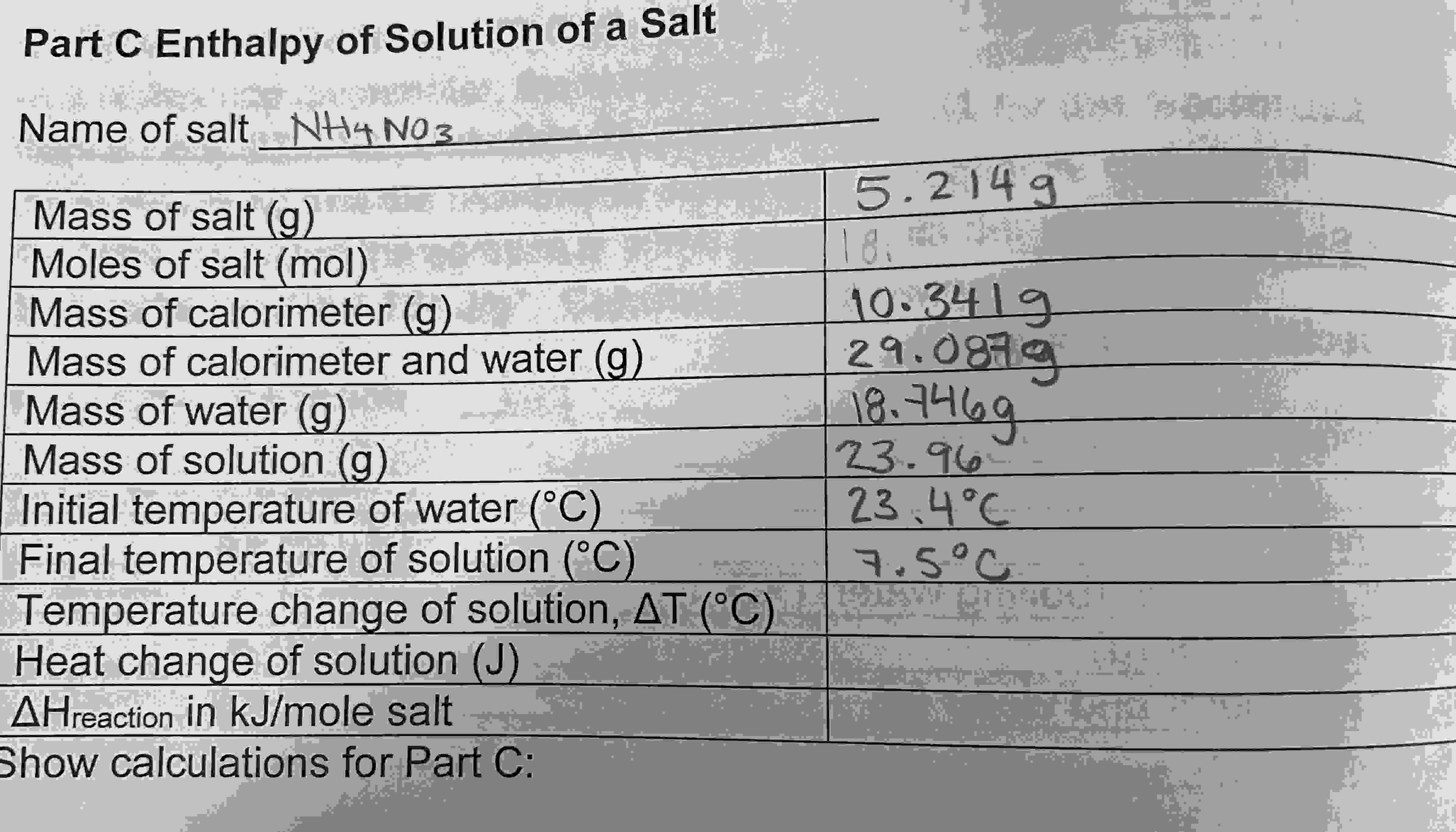 Solved Part C Enthalpy of Solution of a SaltName of salt | Chegg.com