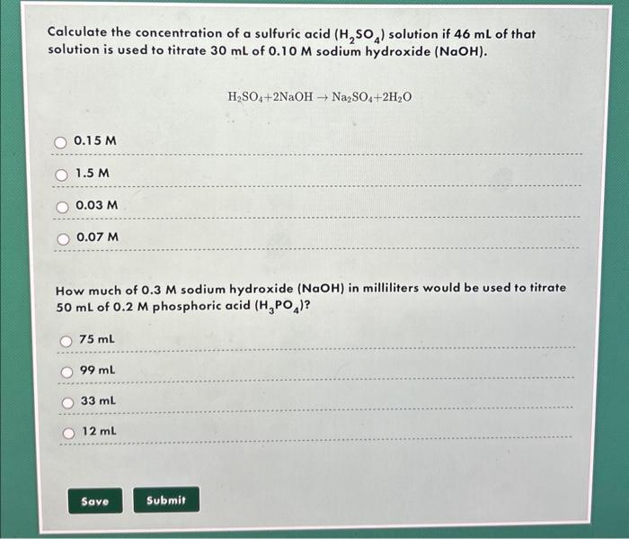 Solved Calculate the concentration of a sulfuric acid | Chegg.com
