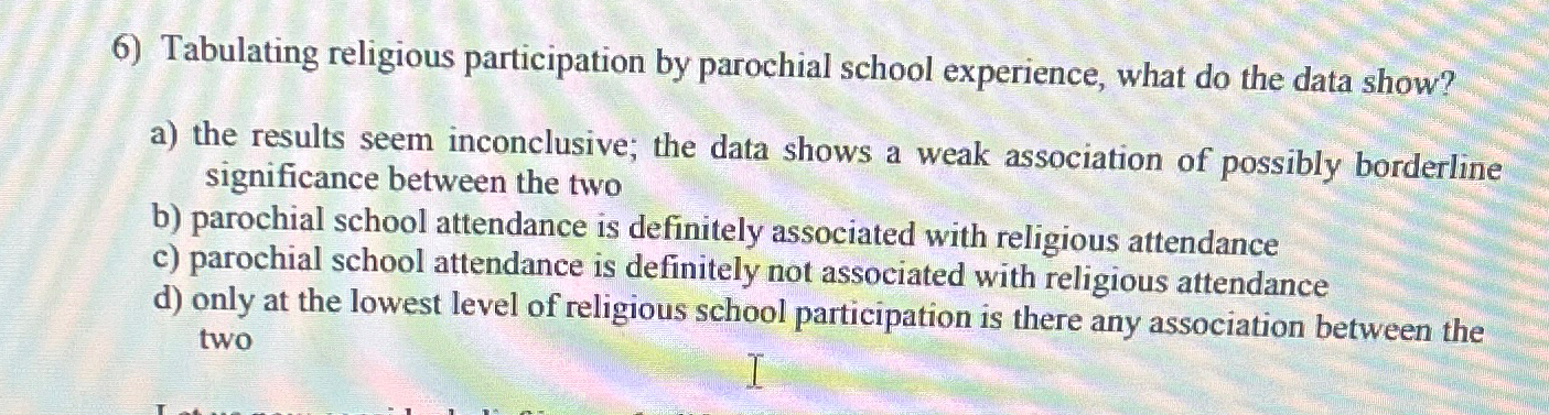 Tabulating religious participation by parochial | Chegg.com
