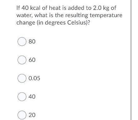 Solved If 40 kcal of heat is added to 2.0 kg of water, what | Chegg.com