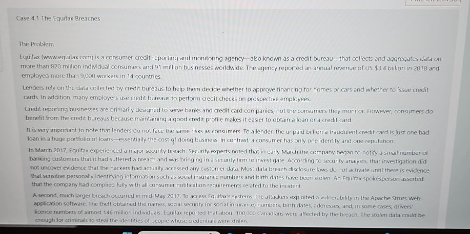 Solved Case 4.1 ﻿The Equifax BreachesThe ProblemEquifax | Chegg.com