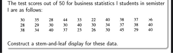 Solved The test scores out of 50 for business statistics I | Chegg.com