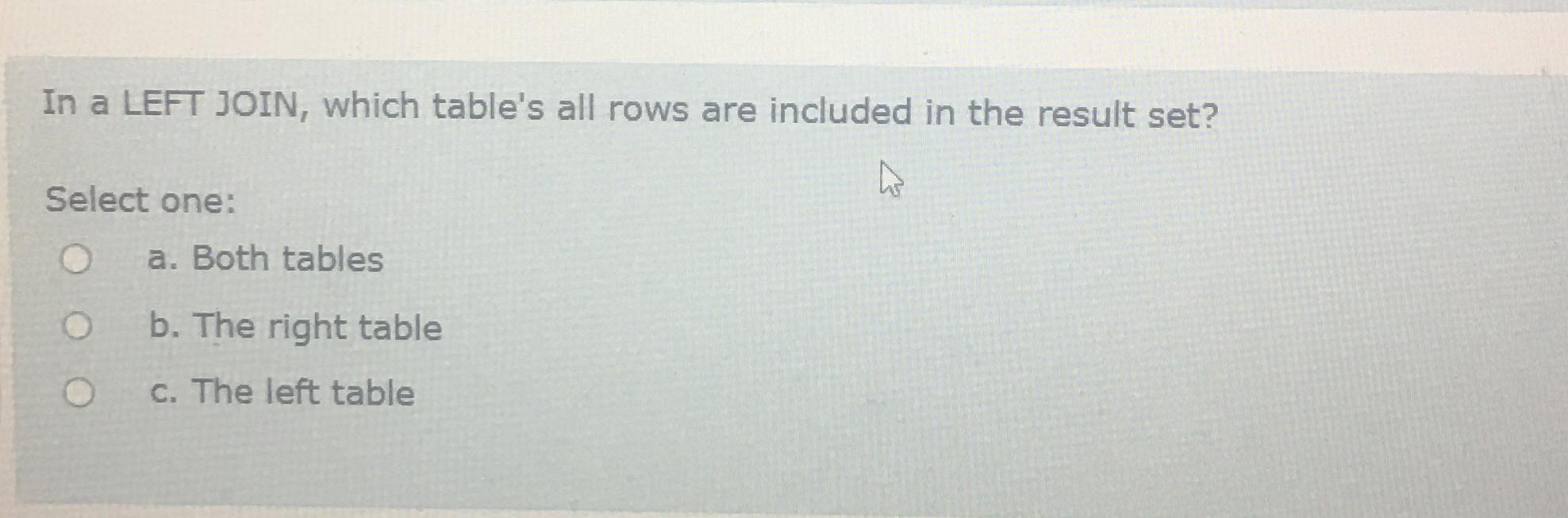Solved In a LEFT JOIN, which table's all rows are included | Chegg.com