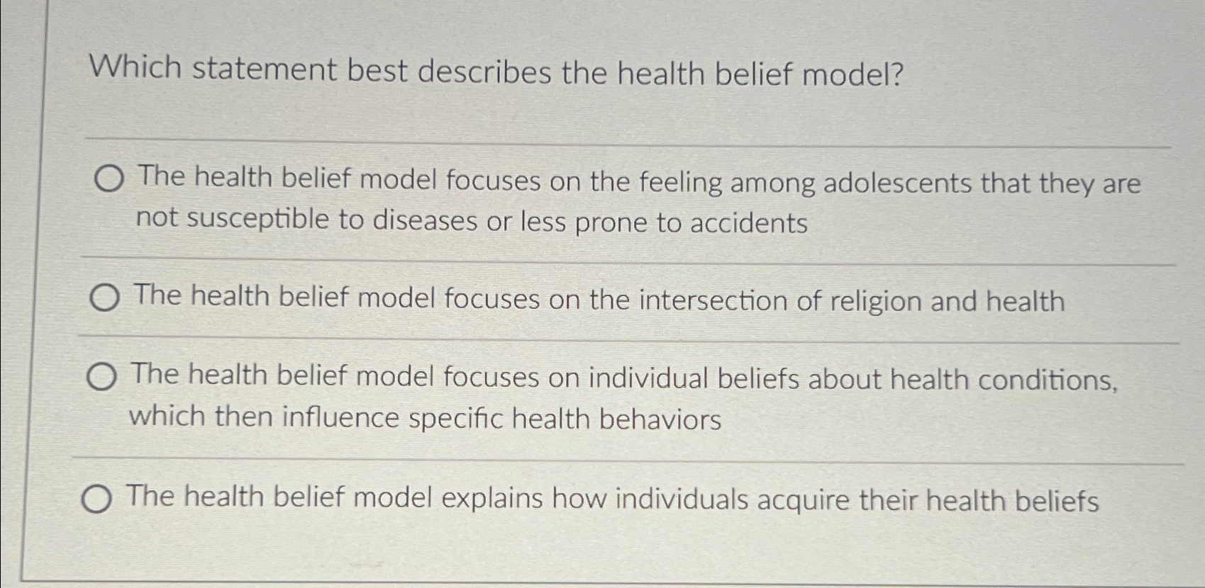 Solved Which statement best describes the health belief | Chegg.com