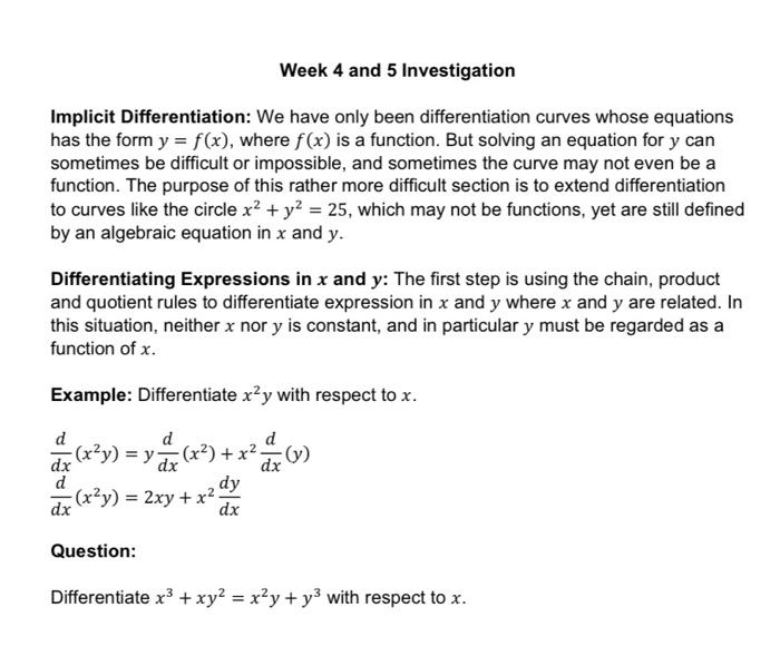Solved Week 4 and 5 Investigation Implicit Differentiation: | Chegg.com