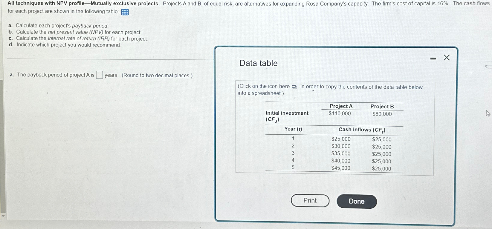 Solved for each project are shown in the following tablea. | Chegg.com