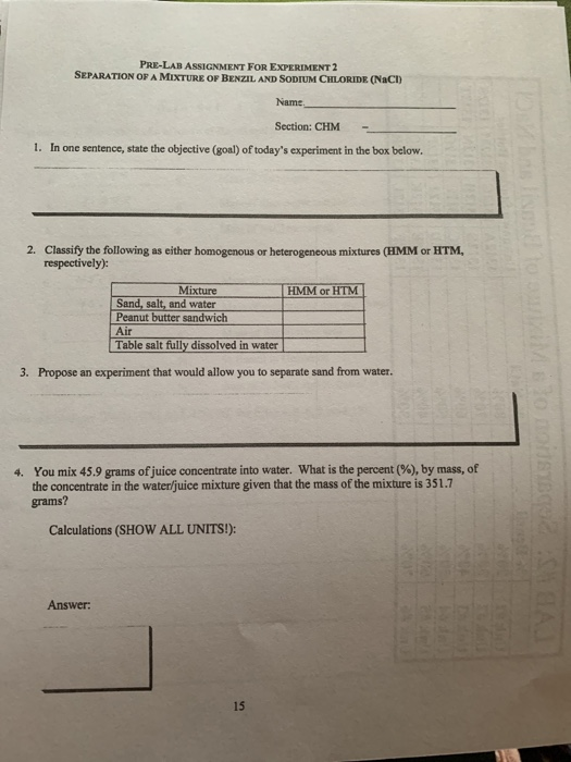 Solved PRE-LAB ASSIGNMENT FOR EXPERIMENT 2 SEPARATION OF A | Chegg.com