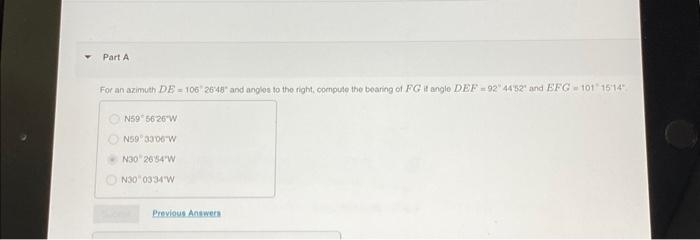 Solved For an azimuth DE=106′′2648′ and anglos to the right, | Chegg.com
