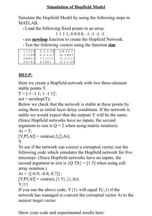Solved Simulate the Hopfield Model by using the following | Chegg.com
