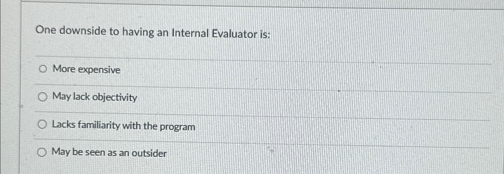 Solved One downside to having an Internal Evaluator is:More | Chegg.com