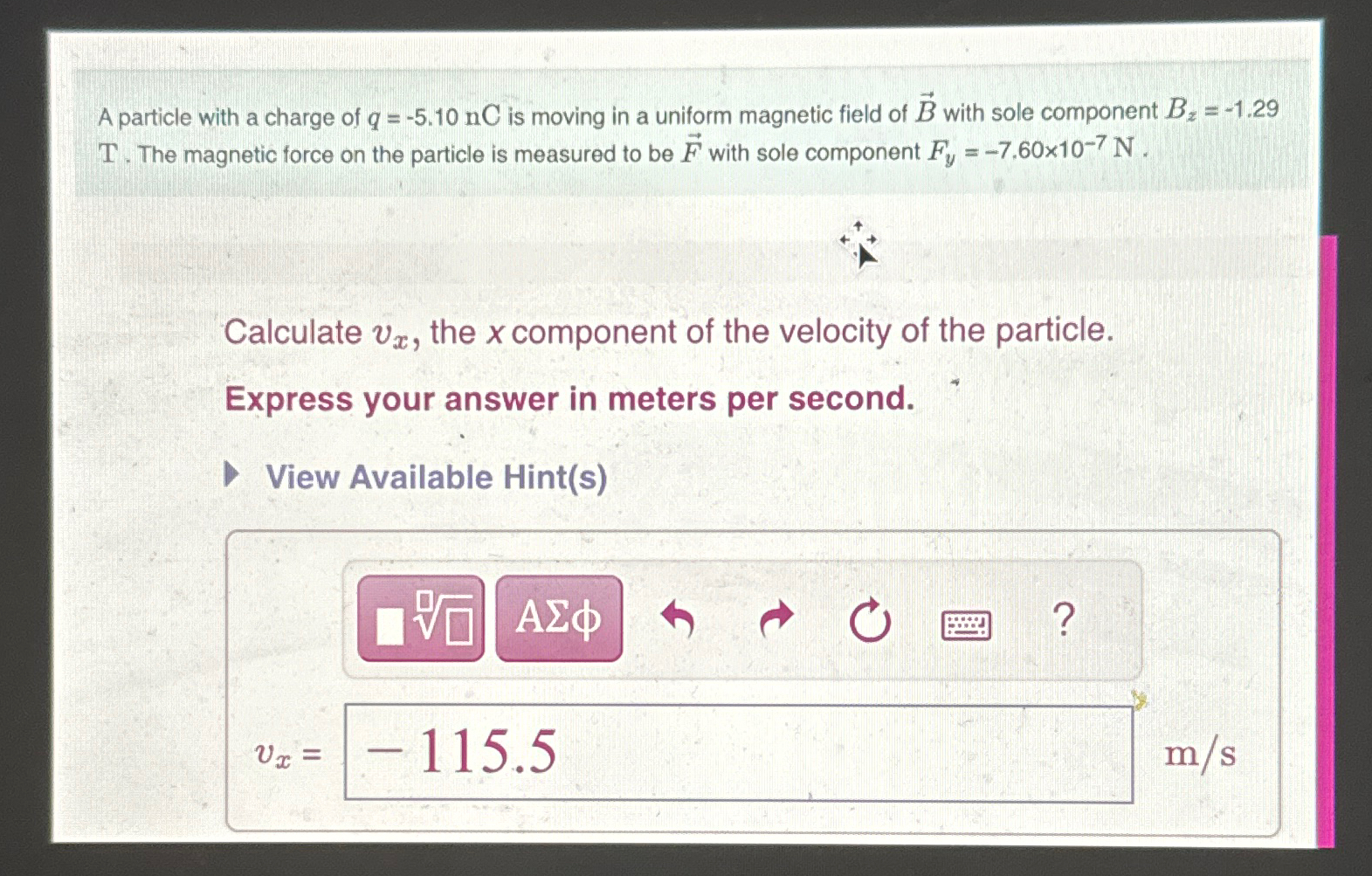 Solved A particle with a charge of q=-5.10nC ﻿is moving in a | Chegg.com